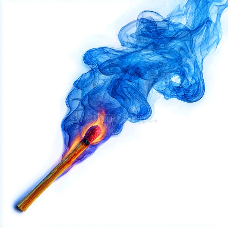 A Burning Matchstick with Blue Smoke on a White Background Art Stock ...