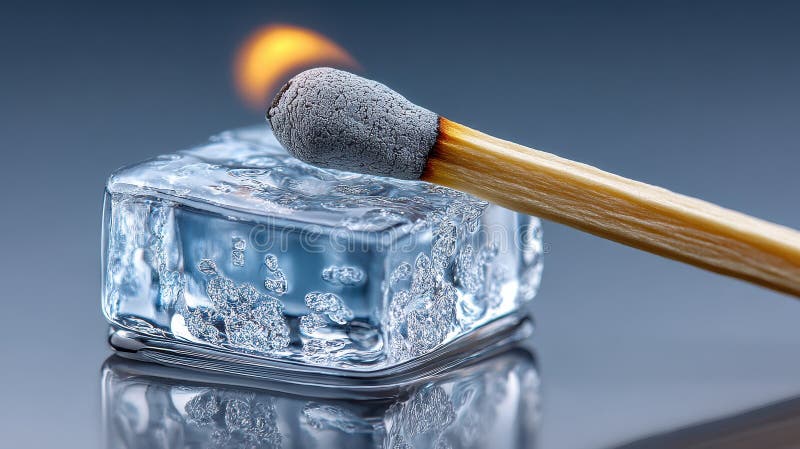 Matchstick Flame Touching Ice Cube with Bubbles and Reflection Stock ...