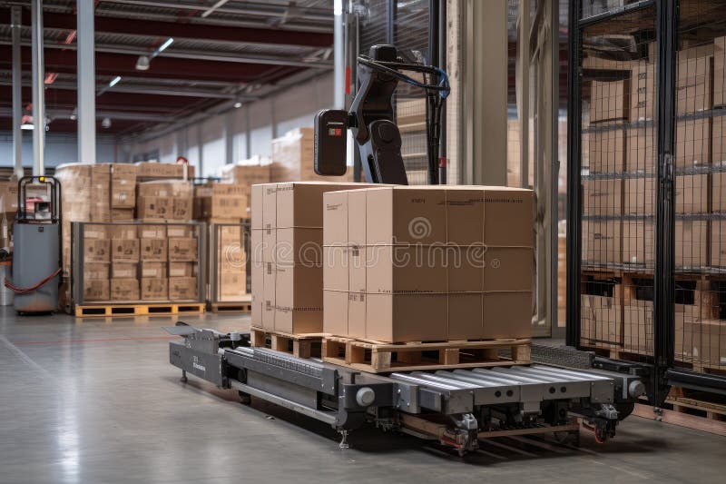 Materials Handling Robot, Loading Box Onto Pallet, with View of Busy ...