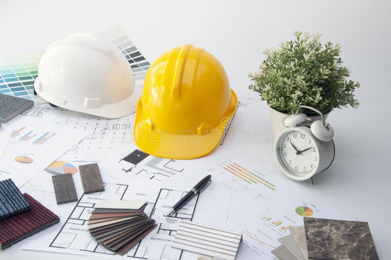 Materials and Safety Helmet on the Desk of Interior Design Stock Photo ...