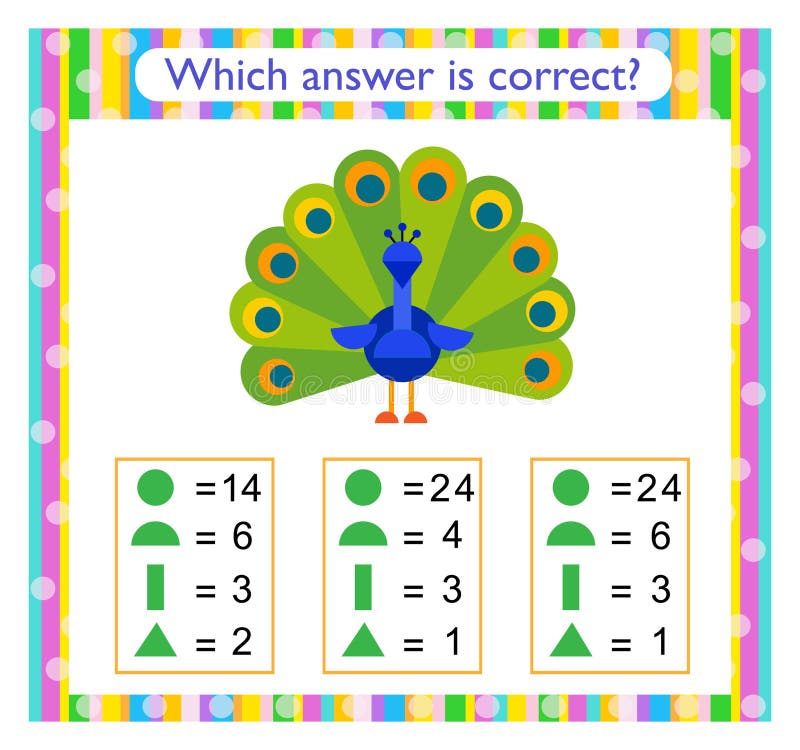 Math Activity for Kids. Find the Correct Answer. Cartoon Peacock Stock ...
