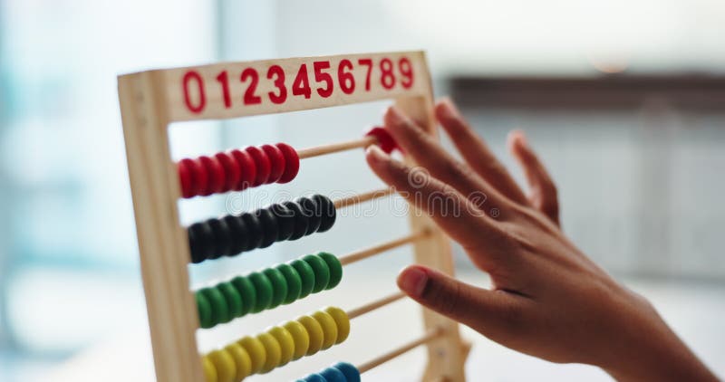 Math, Child and Hand on Desk, Abacus Beads and Closeup of Education and ...