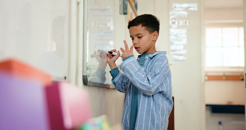 Math, Child and Writing on Whiteboard, Classroom and Problem Solving ...