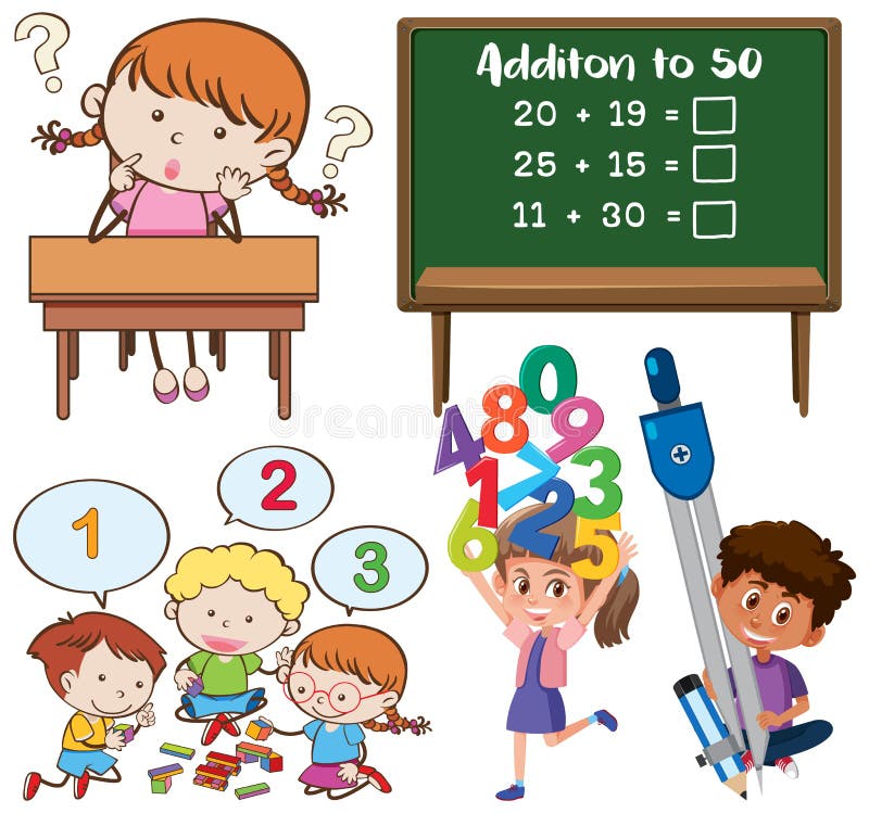 Math Classroom Objects with Supplies and Students Stock Vector ...