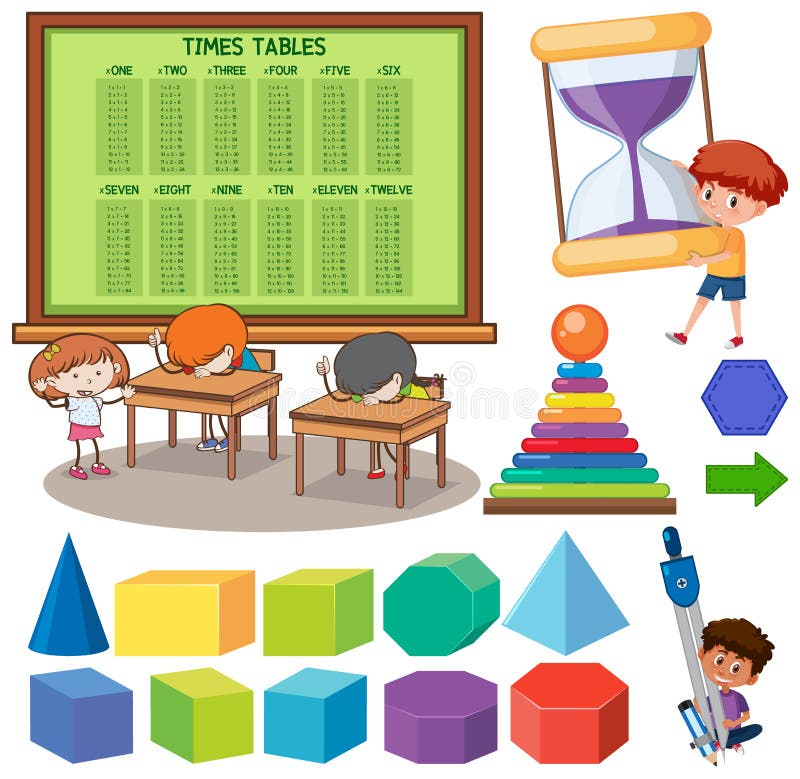 Math Classroom Objects with Supplies and Students Stock Vector ...