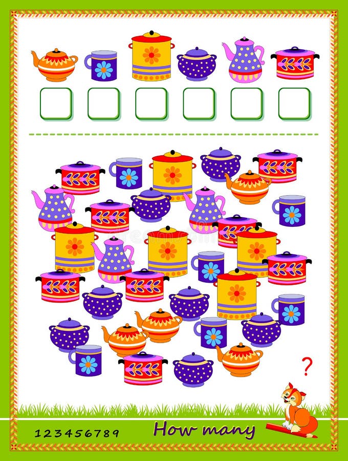 Math Education for Children. Count Quantity of Kitchen Dishes and Write ...