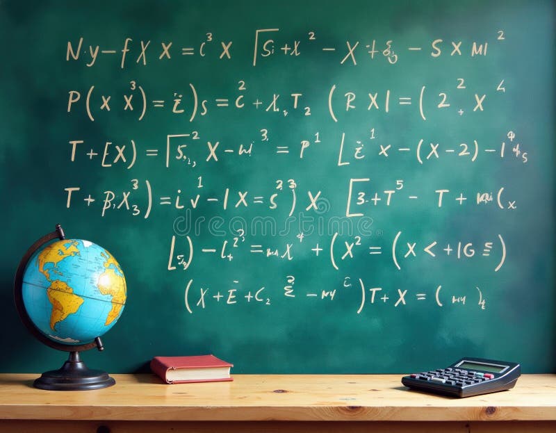Math Equations on Blackboard with Globe and Calculator Stock ...
