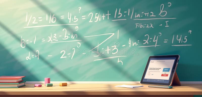 Math Equations on Chalkboard with Tablet in Study Setup Stock ...