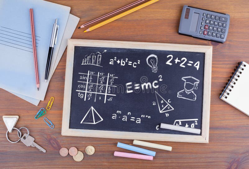 Math Formulas, Education and Knowledge Concept. Chalkboard on Wooden ...