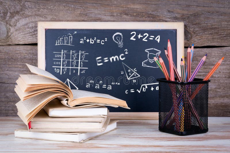 Math Formulas, Education and Knowledge Concept. Stack of Books and ...