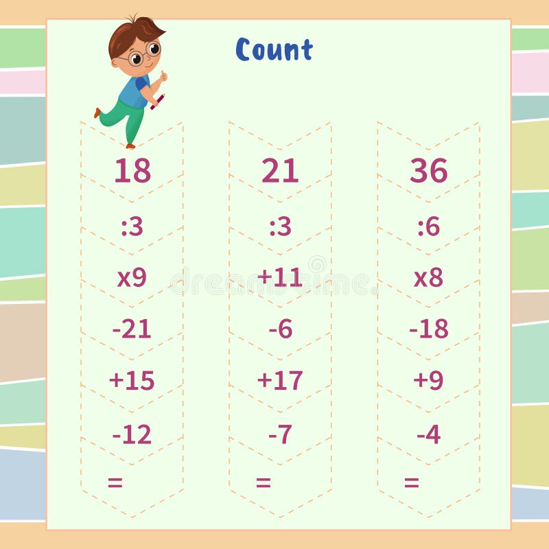 Math Game for Children. Count the Chain of Actions and Write Down the ...