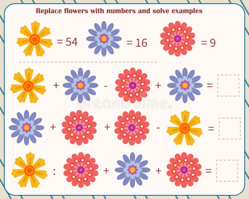 Math Game for Children. Replace Flowers with Numbers and Solve Examples ...