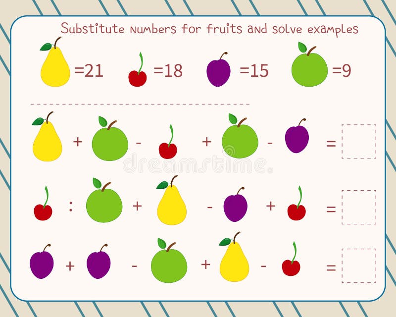 Math Game for Children: Substitute Numbers for Fruits, Solve an Example ...