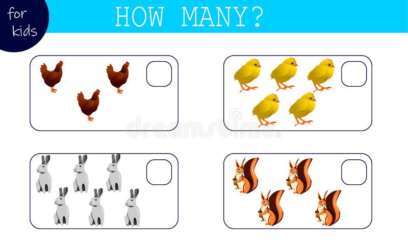 Math Game for Kids Count the Animals. Chicken, Chicken, Hare, Squirrel ...