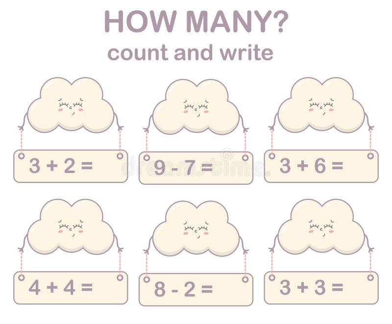 Math Game for Kids Count and Write with Cute Cloud Printable Worksheets ...
