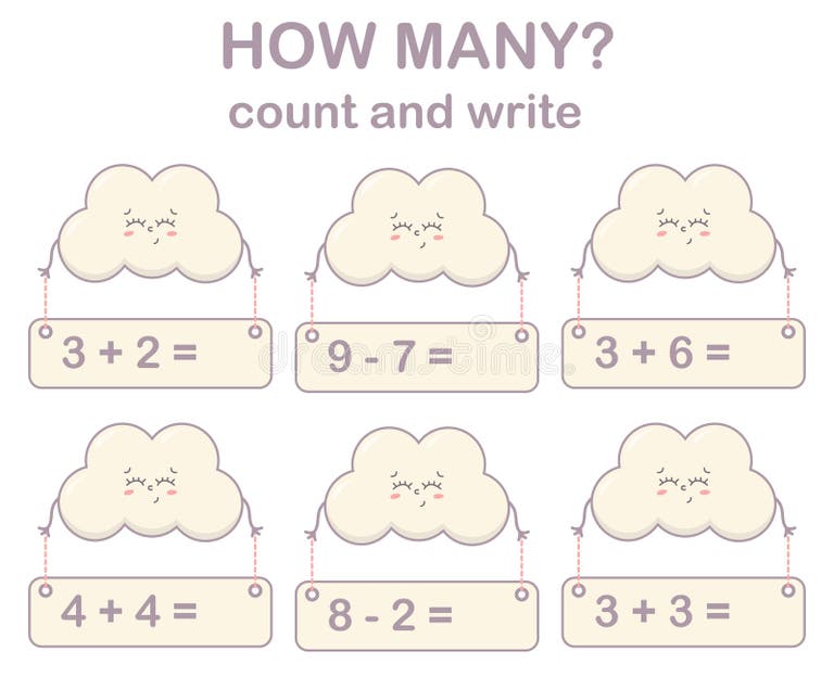Math Game for Kids Count and Write with Cute Cloud Printable Worksheets ...