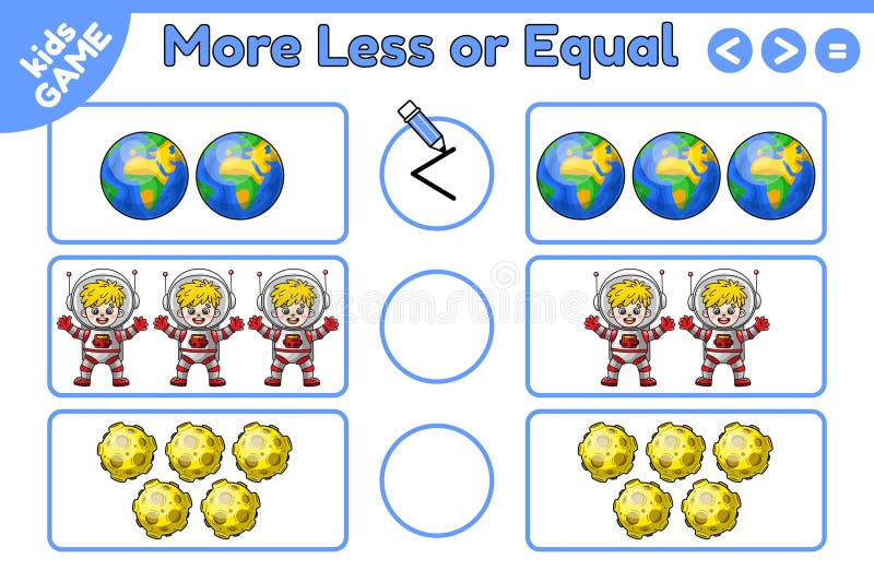 Math Game More less or Equal with Space Objects Stock Vector ...