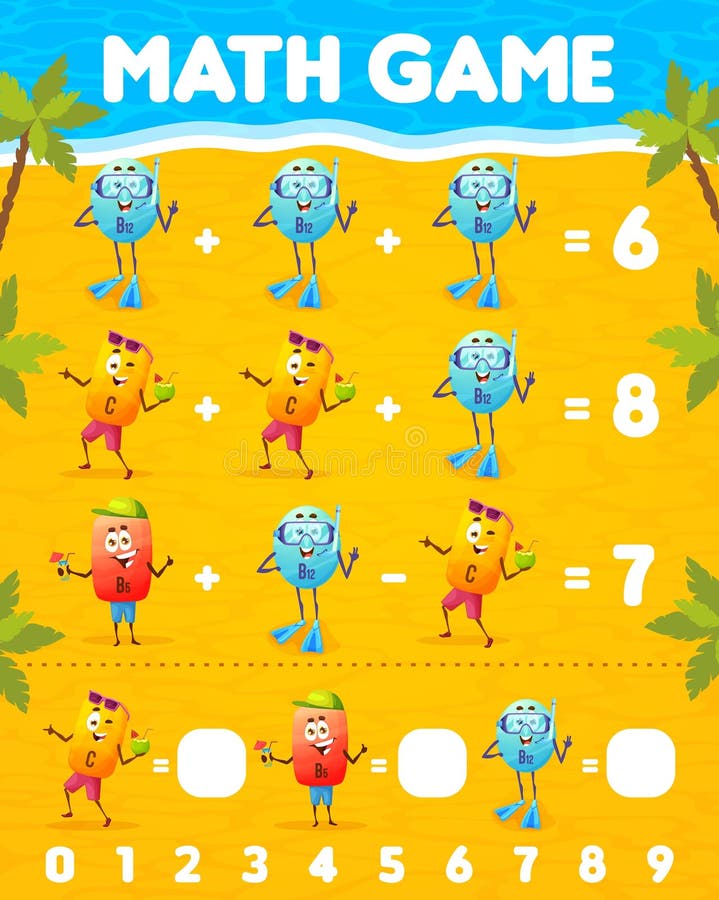 Math Game with Vitamin Characters on Summer Beach Stock Vector ...
