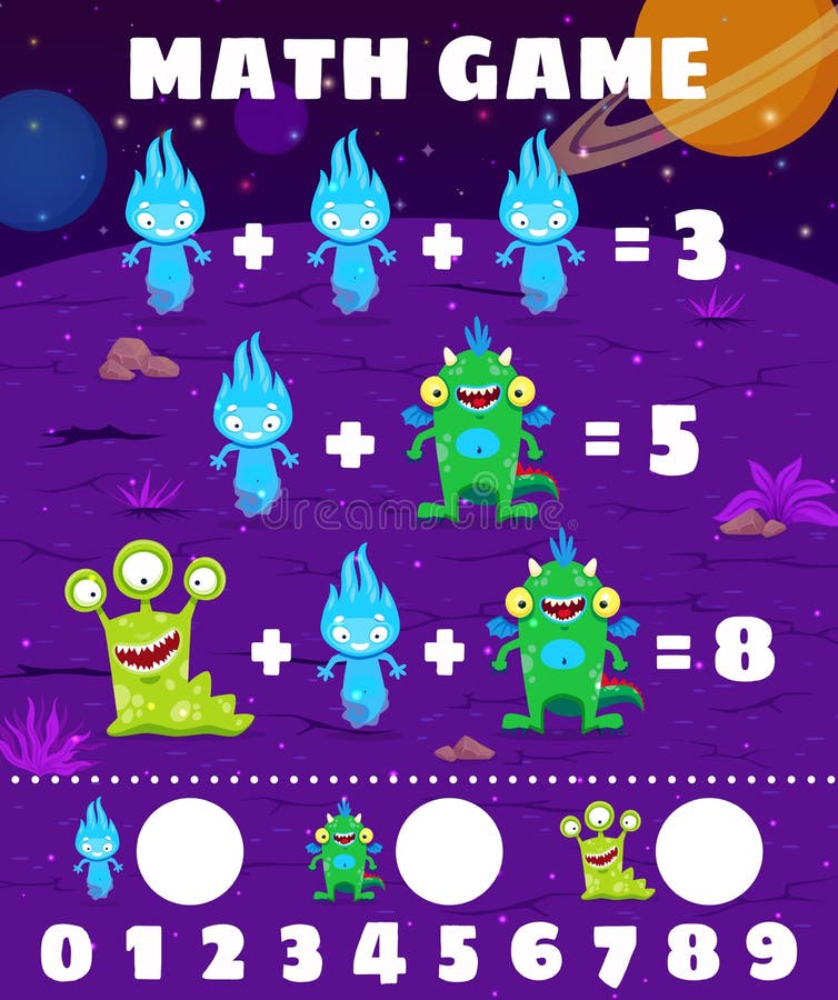 Math Game Worksheet with Alien Monster Characters Stock Vector ...