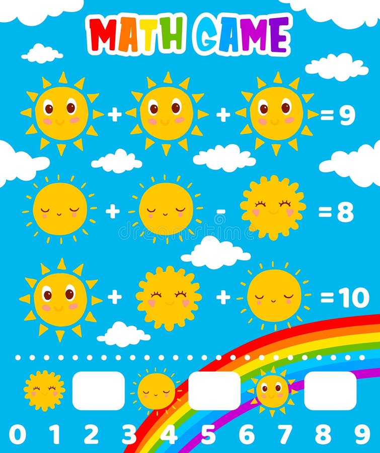 Math Game Worksheet with Cartoon Sun Characters Stock Illustration ...