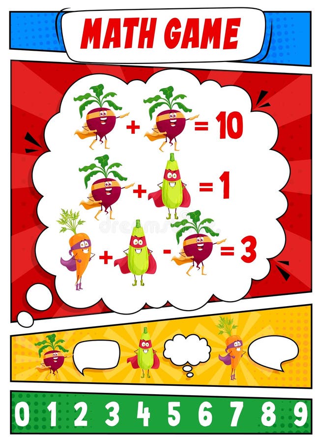 Math Game Worksheet Cartoon Vegetable Superhero Stock Vector ...