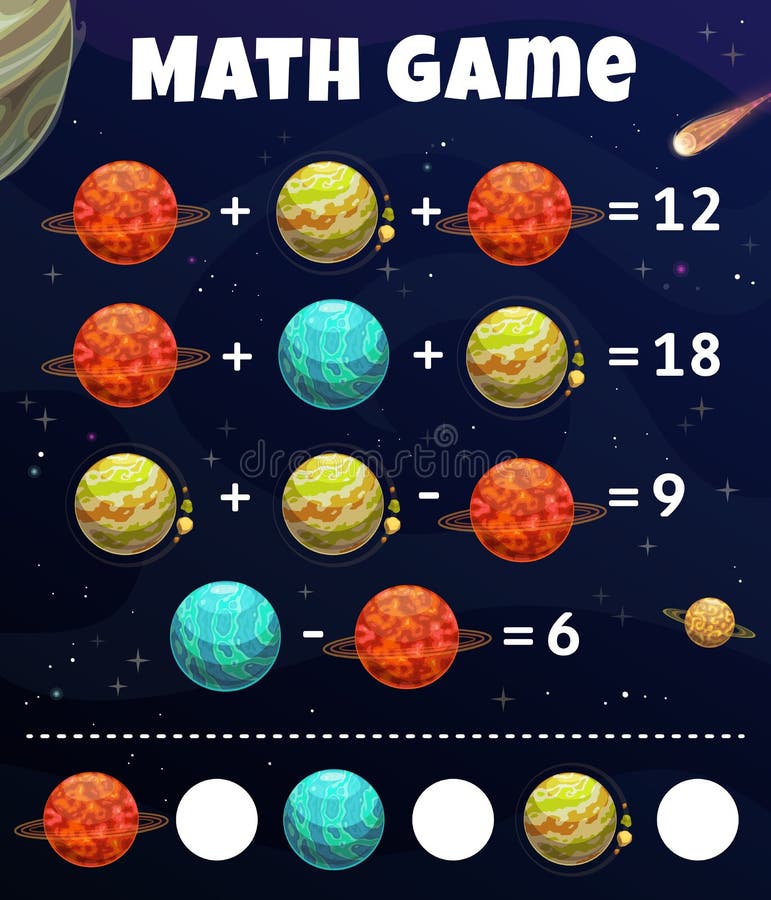 Math Game Worksheet, Galaxy Space Planets Maze Stock Vector ...