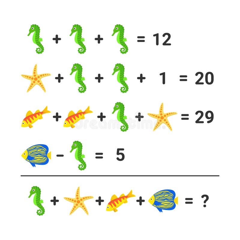 Math Game Worksheet, with Sea Animals and Fish. Stock Vector ...