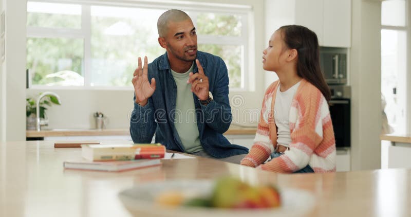 Math Homework, Dad Helping Child in Kitchen with Notes for Project ...
