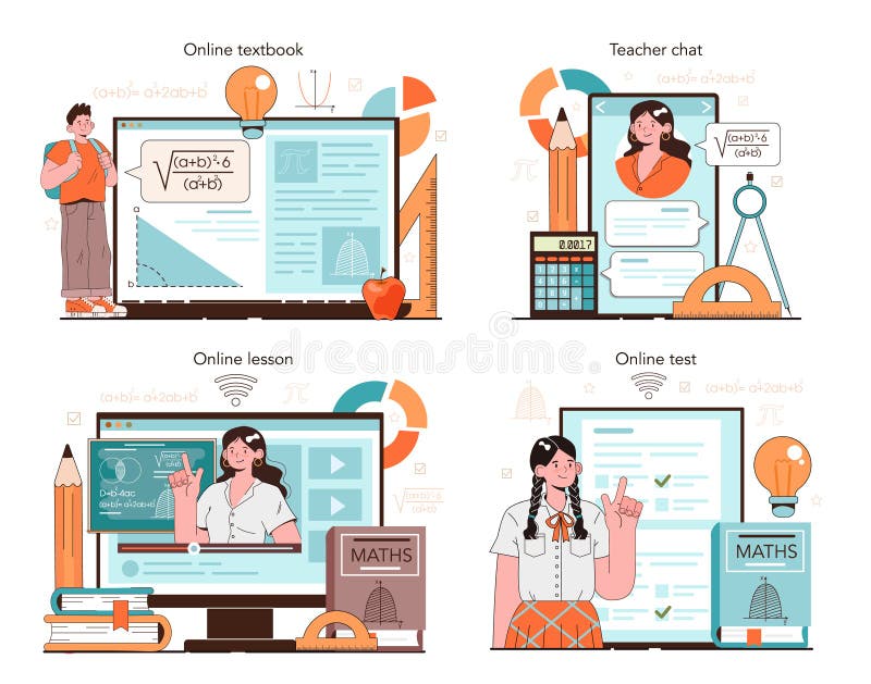 Math School Subject Online Service or Platform Set. Students Studying ...