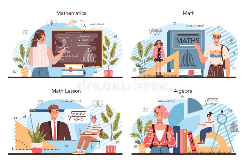 Math School Subject Set. Students Studying Mathematics and Algebra ...