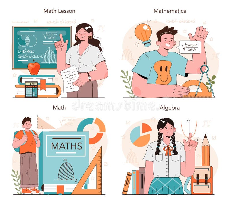 Math School Subject Set. Students Studying Mathematics and Algebra ...