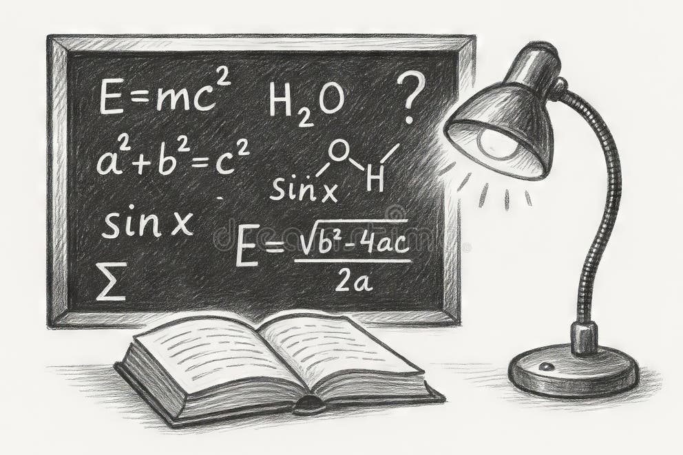 Math and Science Concepts Illustrated with Chalkboard, Lamp, and Open ...