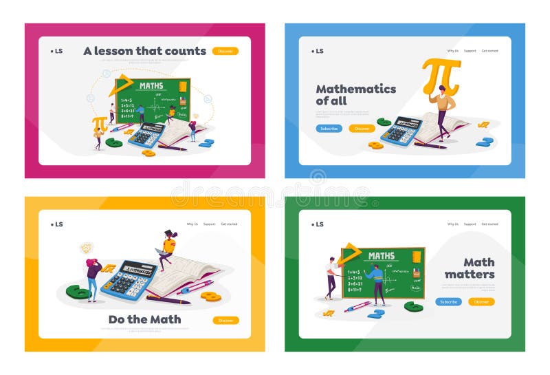 Math Science Landing Page Template Set. Tiny Student Characters in Lab ...