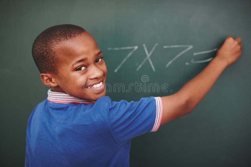 Math, Student and Portrait at Chalkboard in Classroom with Problem ...