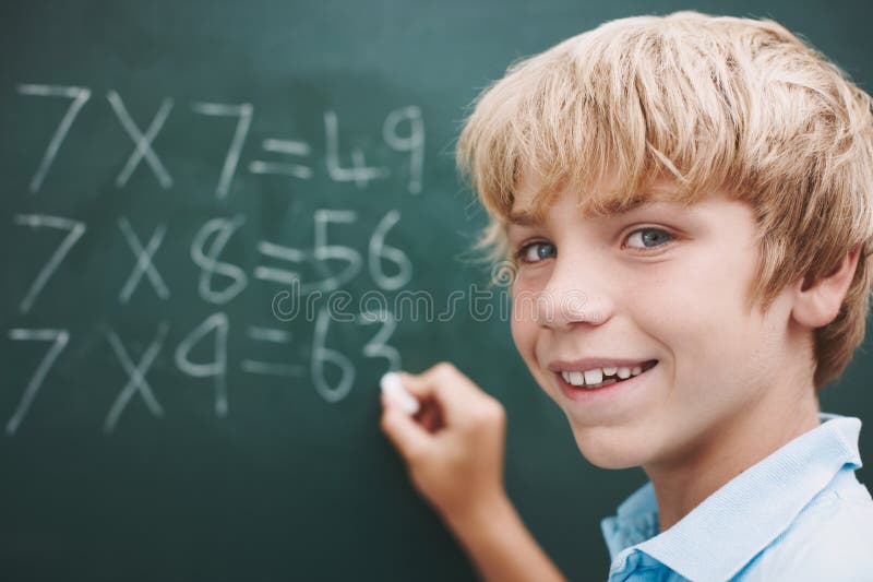 Math, Student and Portrait at Chalkboard at School with Problem Solving ...