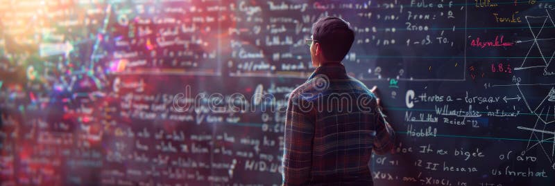 Math Teacher Explaining Equations on a Blackboard, Surrounded by ...