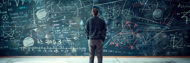 Math Teacher Explaining Equations on a Blackboard, Surrounded by ...