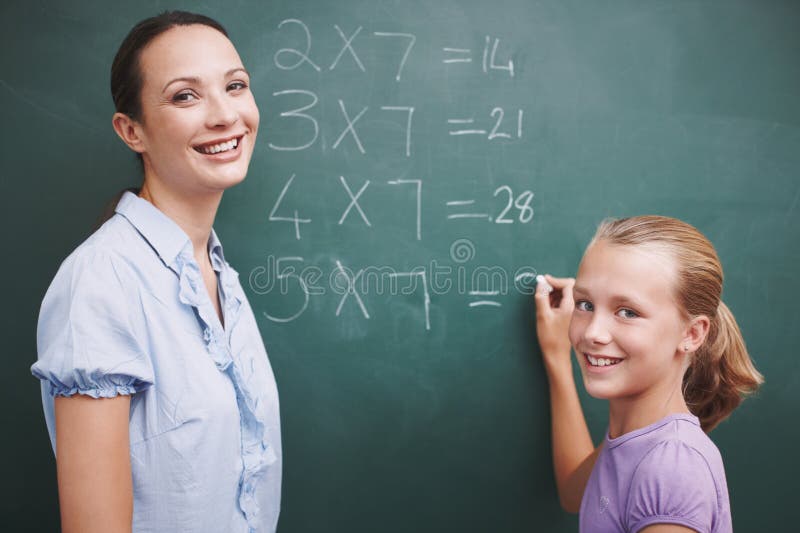 Math, Teacher and Girl Portrait at Chalkboard in Classroom for Solving ...