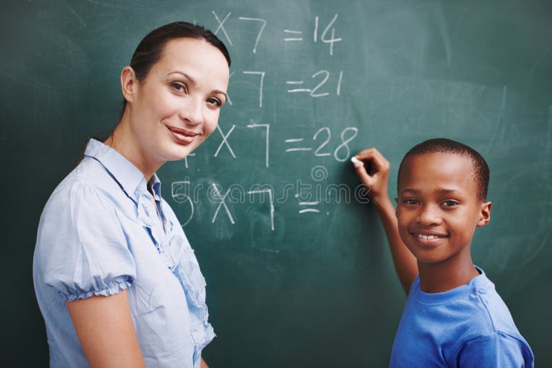 Math, Teacher and Student Portrait at Chalkboard in Classroom for ...