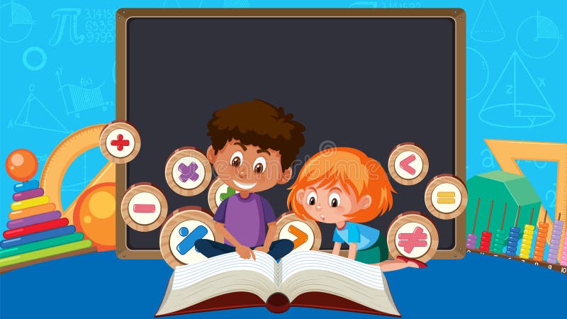 Math-themed Cartoon Characters Reading Book with Blackboard Banner ...