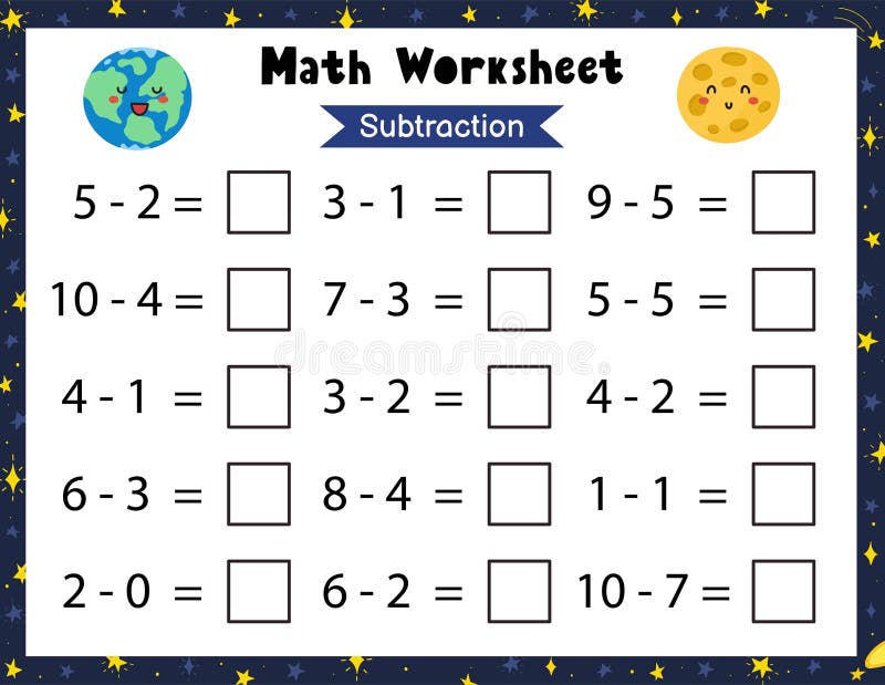 Math Worksheet for Kids. Subtraction Stock Vector - Illustration of ...