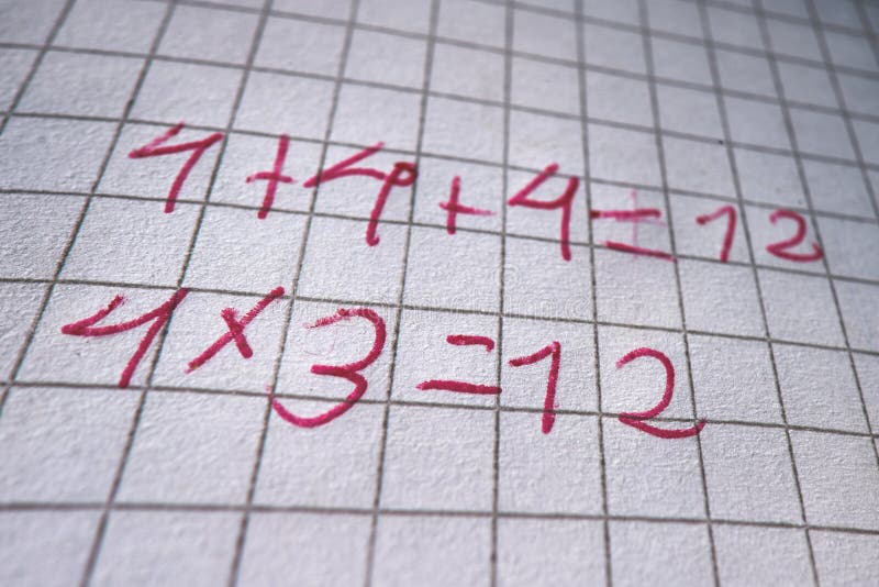 Mathematical Calculations of a Child Written with Red Pen Stock Image ...