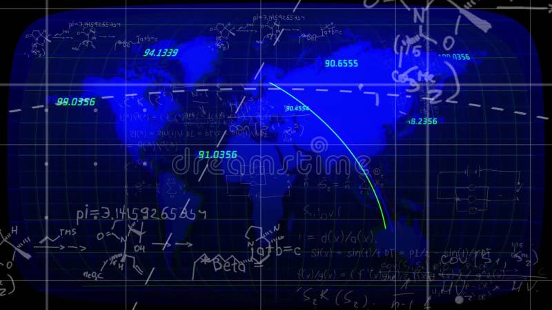 Mathematical Equations and Coordinates Animation Over Blue World Map ...