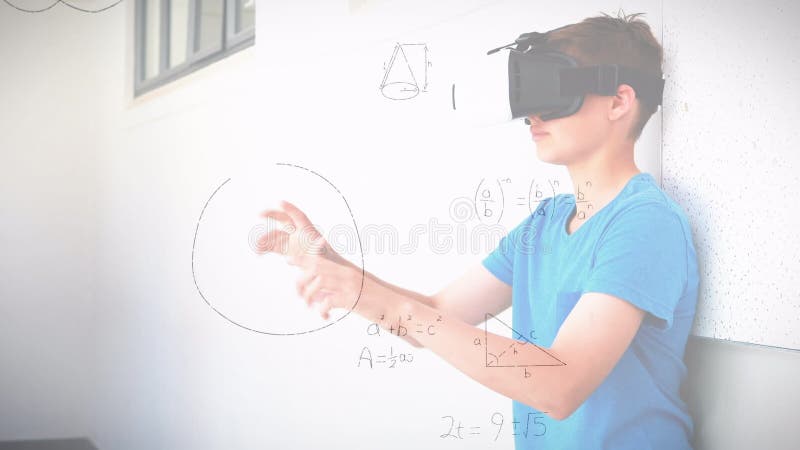 Mathematical Equations Floating Against Caucasian Boy Wearing Vr ...