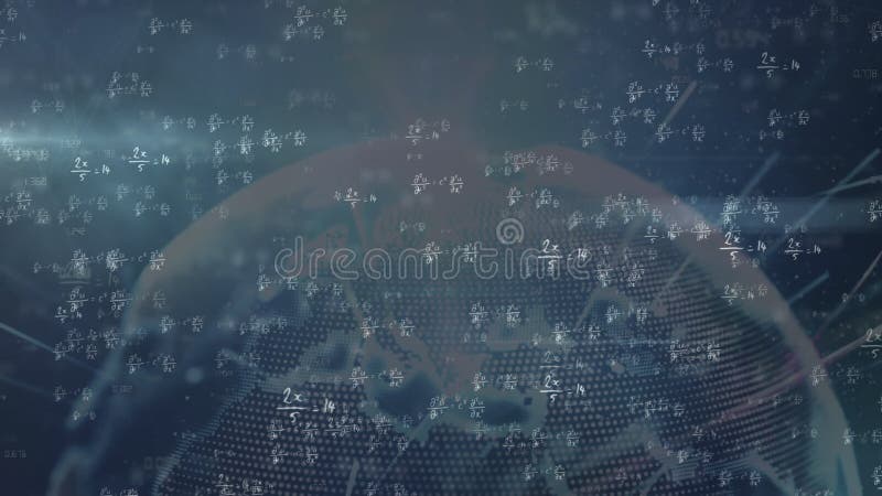 Mathematical Equations Floating Against Light Trails Over Globe on Blue ...