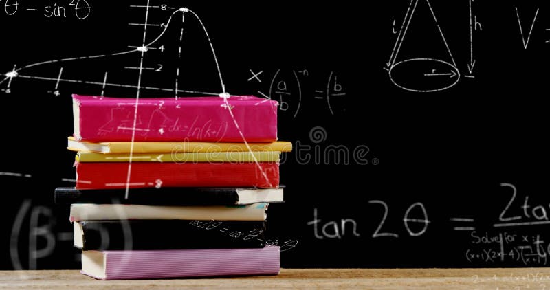 Mathematical Equations Floating Against Stack of Books on Wooden ...