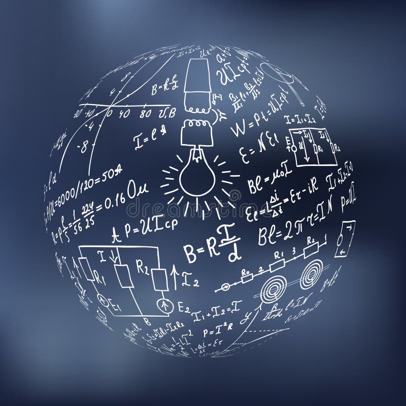 Mathematical Equations and Formulas Around the Light Bulb on Gray ...