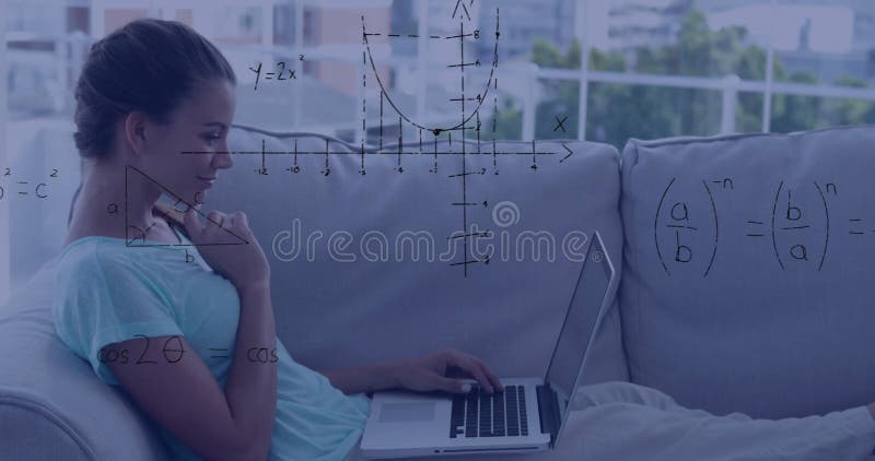 Mathematical Equations and Graphs Animation Over Woman Using Laptop on ...