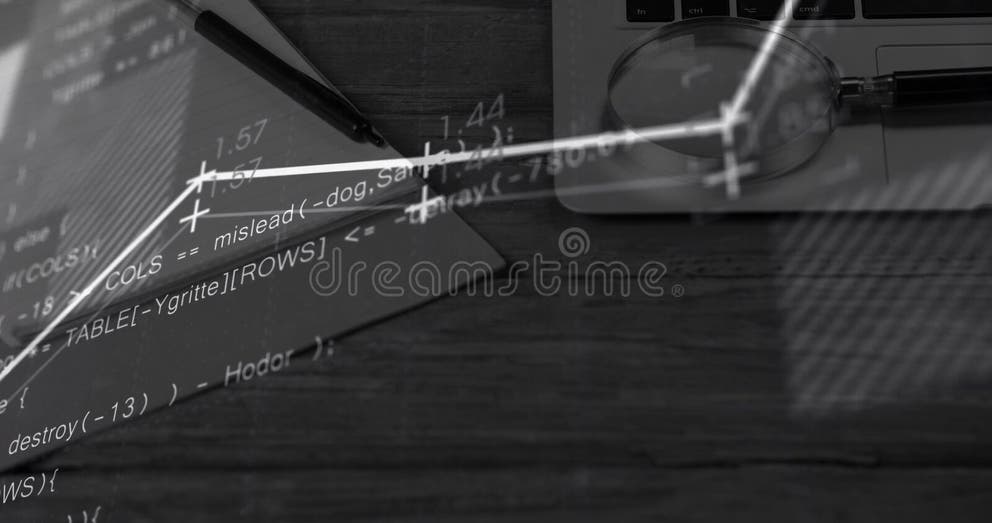 Mathematical Equations and Graphs Image Over Desk with Laptop and ...