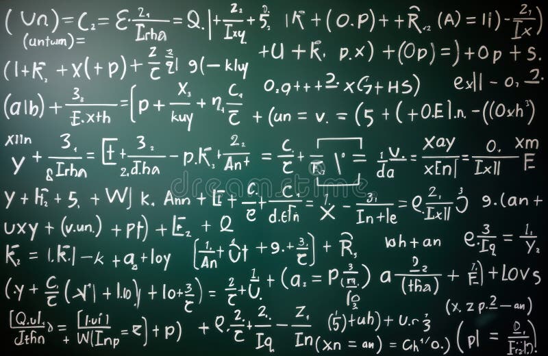 Mathematical Equations Handwritten on Dark Green Chalkboard. Complex ...